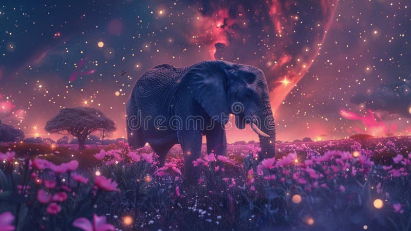 Cosmic Elephant in a Beautiful African Jungle in a Dreamy Starry Nebula ...