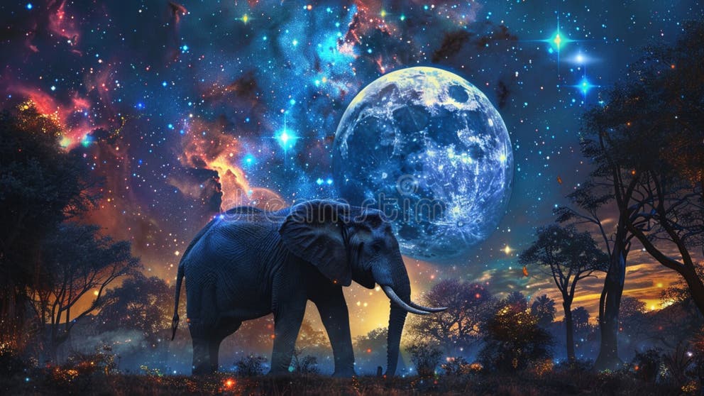 Cosmic Elephant in a Beautiful African Jungle in a Dreamy Starry Nebula ...