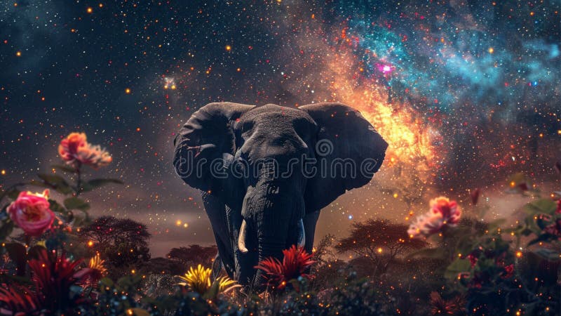 Cosmic Elephant in a Beautiful African Jungle in a Dreamy Starry Nebula ...