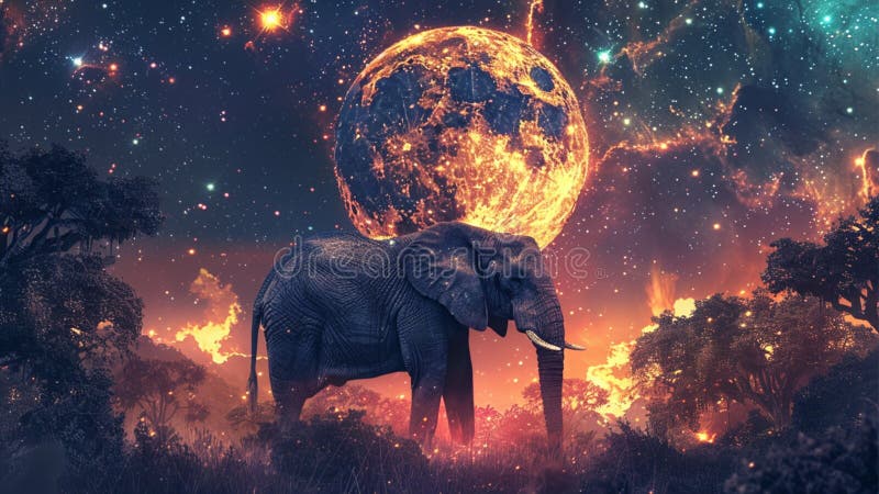 Cosmic Elephant in a Beautiful African Jungle in a Dreamy Starry Nebula ...