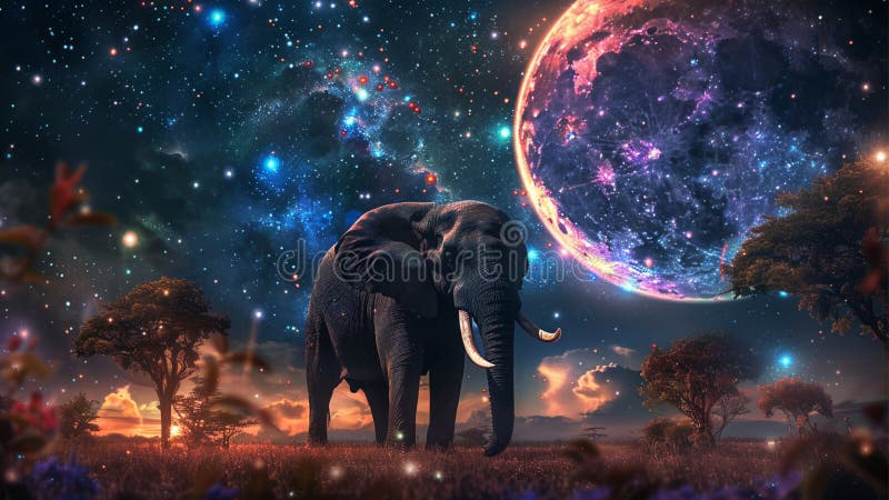 Cosmic Elephant in a Beautiful African Jungle in a Dreamy Starry Nebula ...