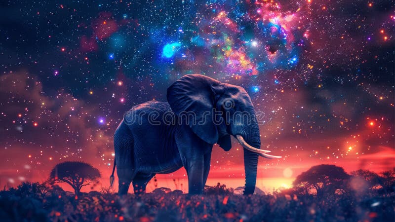 Cosmic Elephant in a Beautiful African Jungle in a Dreamy Starry Nebula ...