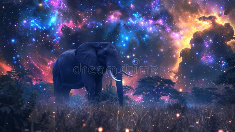 Cosmic Elephant in a Beautiful African Jungle in a Dreamy Starry Nebula ...