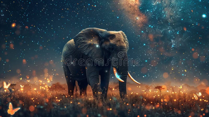 Cosmic Elephant in a Beautiful African Jungle in a Dreamy Starry Nebula ...