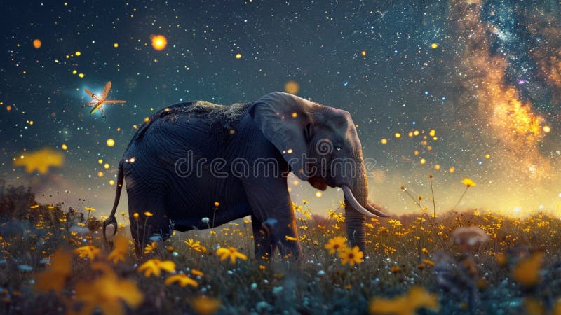 Cosmic Elephant in a Beautiful African Jungle in a Dreamy Starry Nebula ...