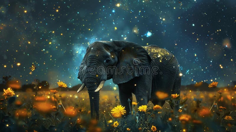 Cosmic Elephant in a Beautiful African Jungle in a Dreamy Starry Nebula ...