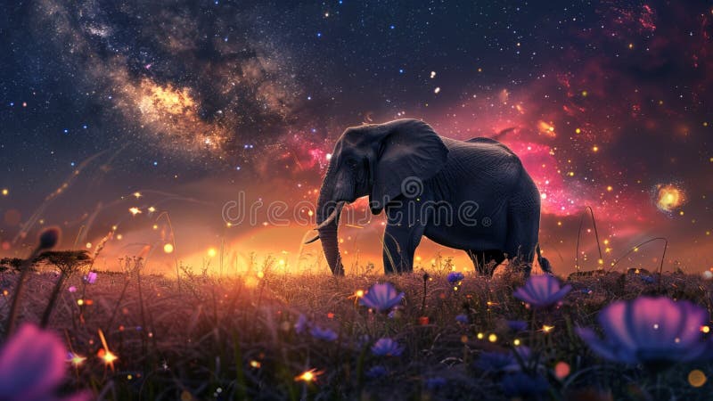 Cosmic Elephant in a Beautiful African Jungle in a Dreamy Starry Nebula ...