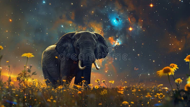 Cosmic Elephant in a Beautiful African Jungle in a Dreamy Starry Nebula ...