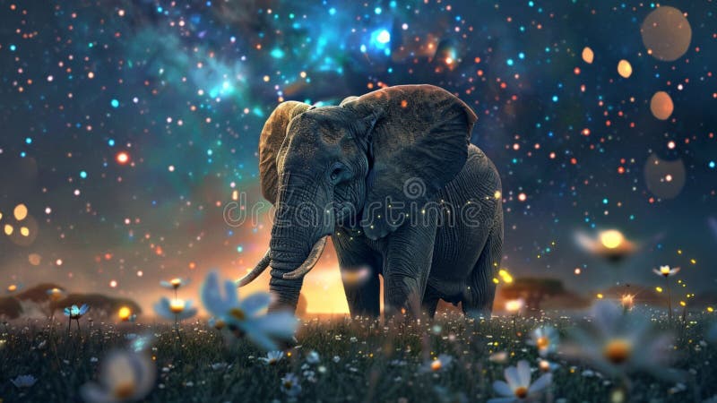 Cosmic Elephant in a Beautiful African Jungle in a Dreamy Starry Nebula ...