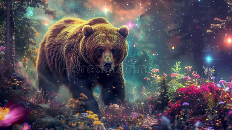 Cosmic Brown Bear in Beautiful Dreamlike Woods Surrounded by Lush ...