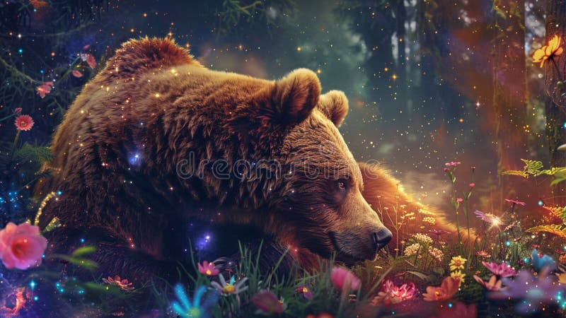 Cosmic Brown Bear in Beautiful Dreamlike Woods Surrounded by Lush ...