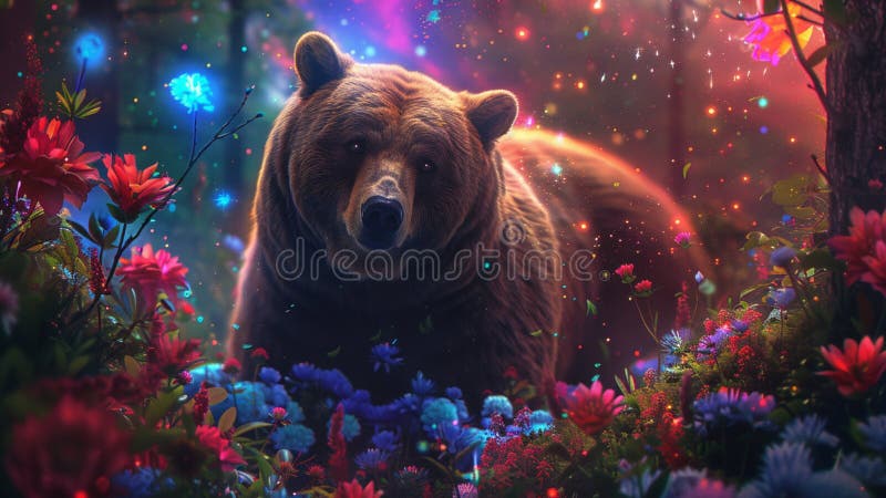 Cosmic Brown Bear in Beautiful Dreamlike Woods Surrounded by Lush ...