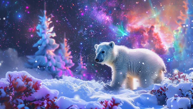 Cosmic Baby Polar Bear Cub in a Beautiful Dreamlike Snowy Forest with ...