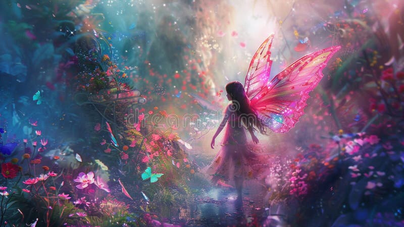 Little Pink Fairy Girl in a Flower Fairytale World Stock Illustration ...