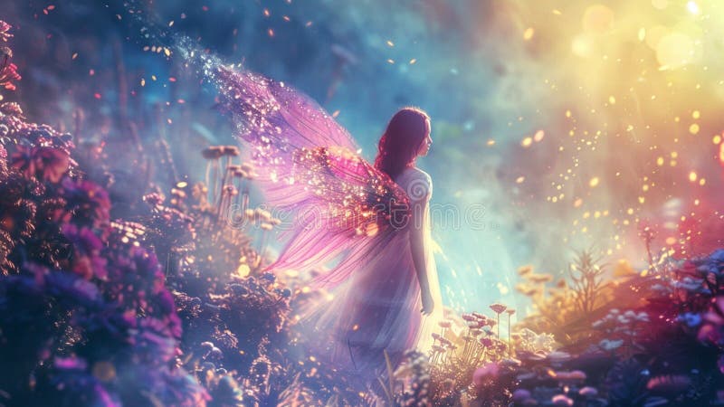 Little Pink Fairy Girl in a Flower Fairytale World Stock Illustration ...