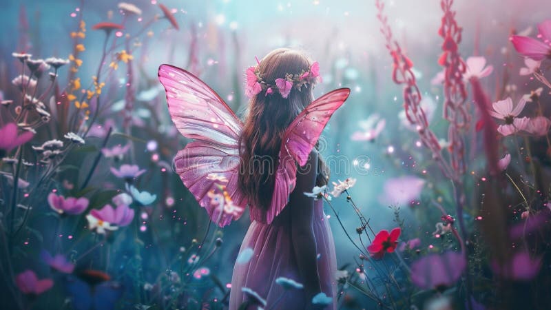 Little Pink Fairy Girl in a Flower Fairytale World Stock Illustration ...