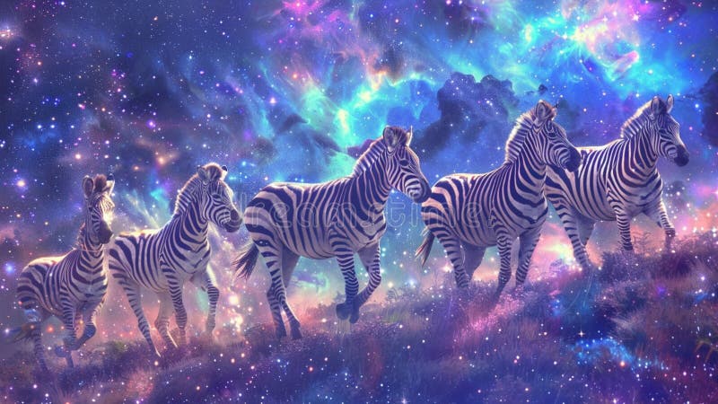 A Beautiful Pack of Zebras in a Dreamlike African Savanna Starry Nebula ...
