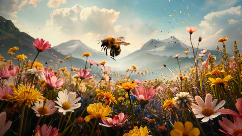 Bees Flying Over Beautiful Flower Fields Stock Illustration ...