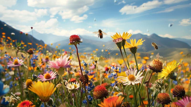 Bees Flying Over Beautiful Flower Fields Stock Illustration ...