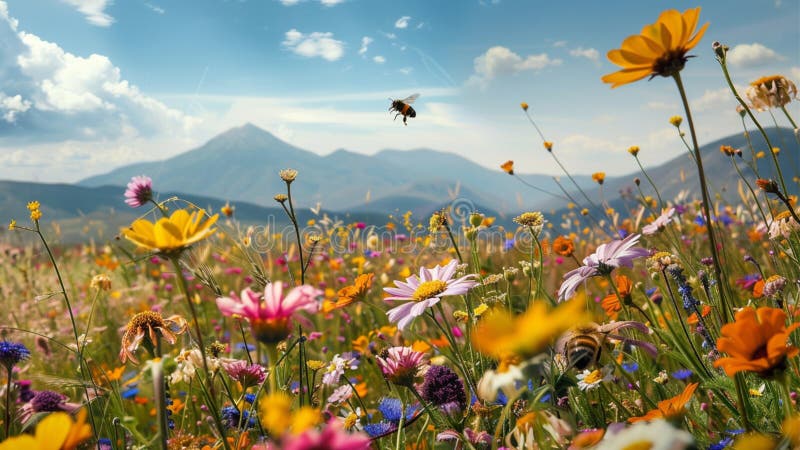 Bees Flying Over Beautiful Flower Fields Stock Illustration ...
