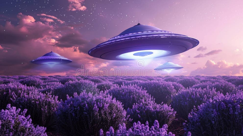 UFOs Hovering Over a Beautiful Flower FIeld Stock Illustration ...