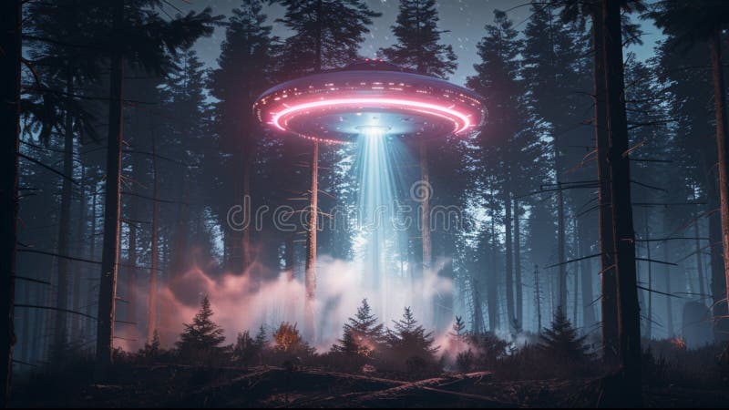 UFOs Flying Over a Forest at Night in a Starry Sky Stock Illustration ...