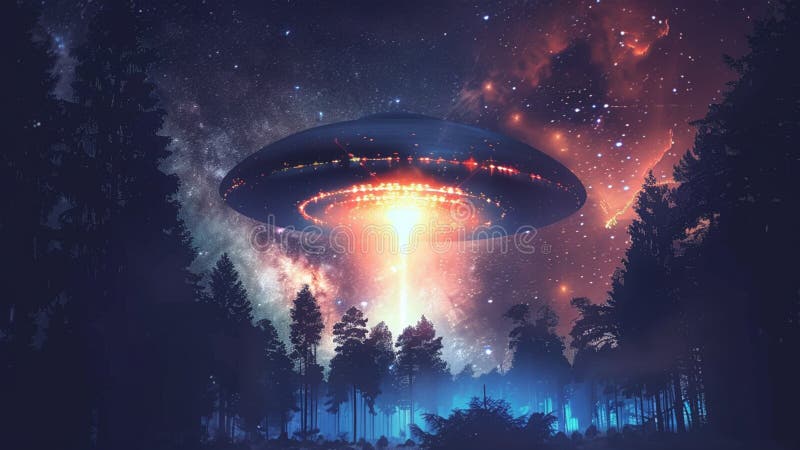 UFOs Flying Over a Forest at Night in a Starry Sky Stock Illustration ...