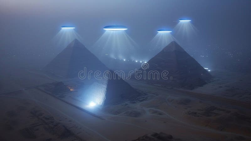 Beautiful UFO Spaceships Flying Over the Pyramids of Giza Stock ...