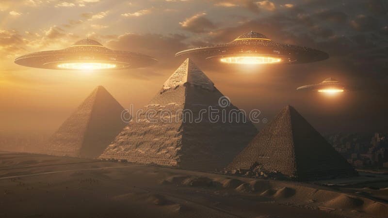 Beautiful UFO Spaceships Flying Over the Pyramids of Giza Stock ...