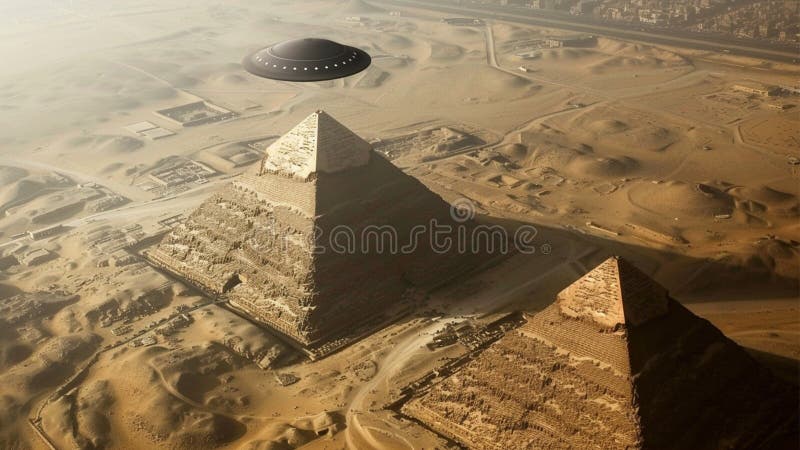 Old Fashioned UFOs Flying Over the Pyramids of Giza Stock Illustration ...