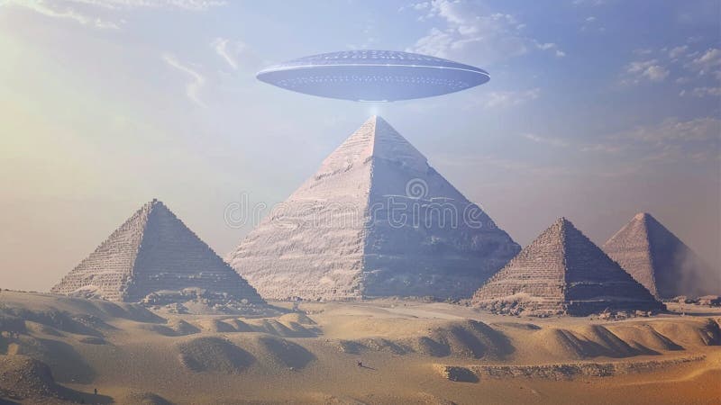 Old Fashioned UFOs Flying Over the Pyramids of Giza Stock Illustration ...