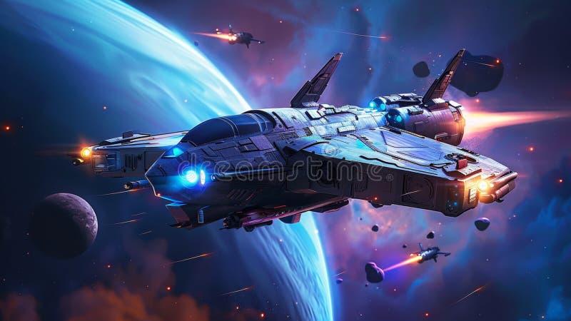 A Cool Blue Spaceship in a Cosmic Background Stock Illustration ...