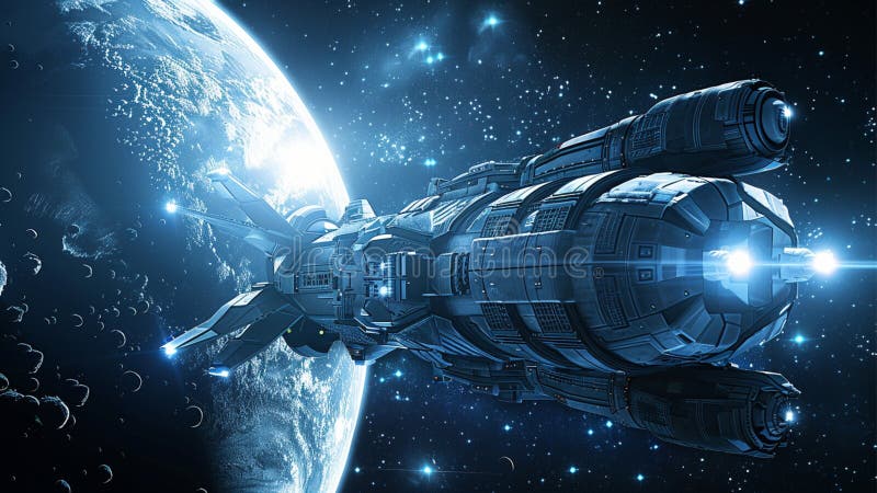 A Cool Blue Spaceship in a Cosmic Background Stock Illustration ...