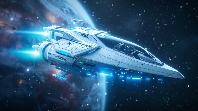 A Cool Blue Spaceship in a Cosmic Background Stock Illustration ...