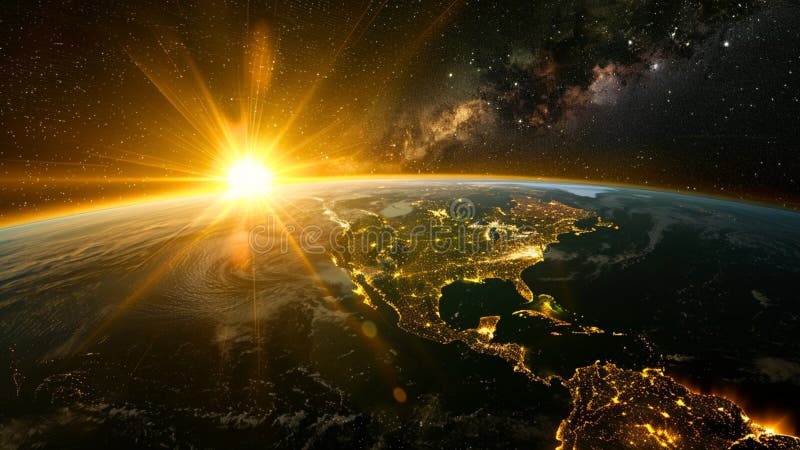 Golden Sunlight Hitting the Earth in a Starry Deep Space Background ...