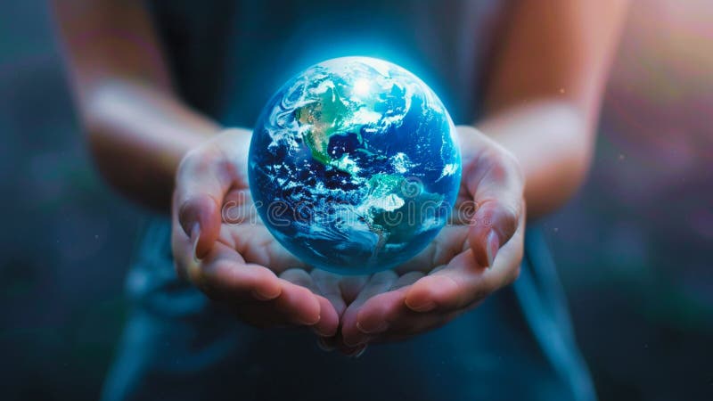 Glowing Planet Earth Held by an Young Woman Stock Illustration ...