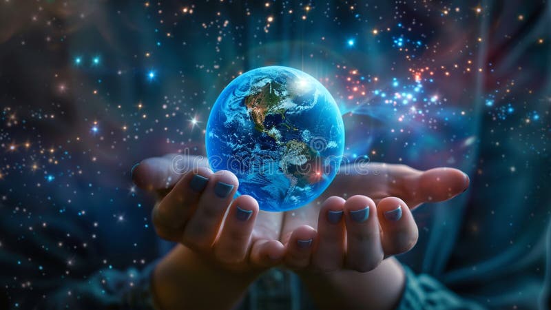 Glowing Planet Earth Held by an Young Woman Stock Illustration ...