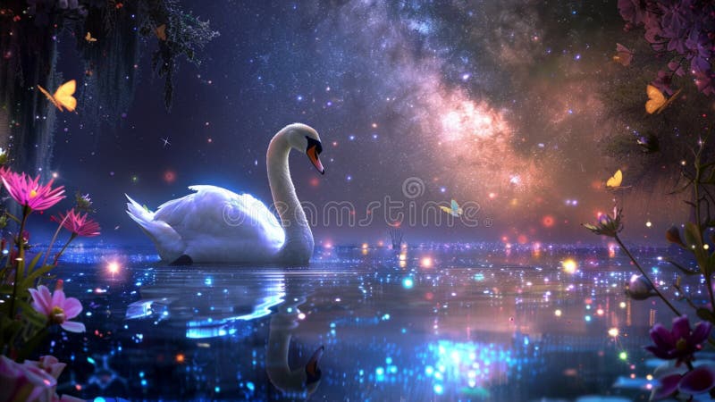 A Beautiful Delicate White Swan Swimming in a Beautiful Dreamlike ...