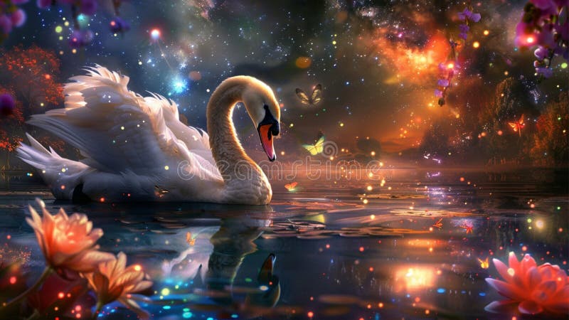 A Beautiful Delicate White Swan Swimming in a Beautiful Dreamlike ...