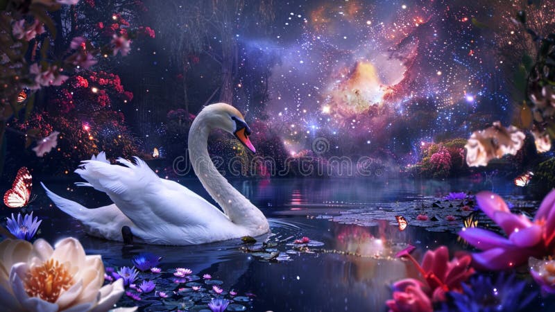 A Beautiful Delicate White Swan Swimming in a Beautiful Dreamlike ...