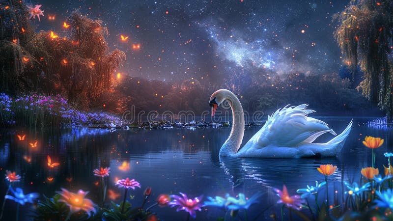 A Beautiful Delicate White Swan Swimming in a Beautiful Dreamlike ...