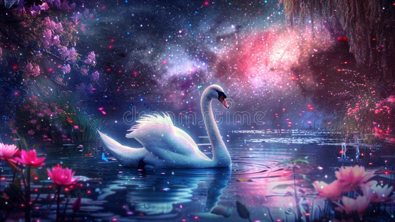 A Beautiful Delicate White Swan Swimming in a Beautiful Dreamlike ...
