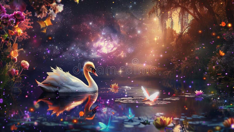 A Beautiful Delicate White Swan Swimming in a Beautiful Dreamlike ...