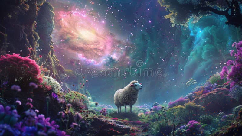 Cosmic Sheep in a Beautiful Magic Forest in a Dreamy Starry Cosmic ...