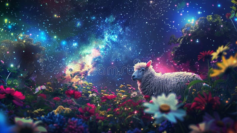 Cosmic Sheep in a Beautiful Magic Forest in a Dreamy Starry Cosmic ...