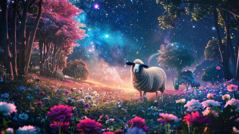 Cosmic Sheep in a Beautiful Magic Forest in a Dreamy Starry Cosmic ...