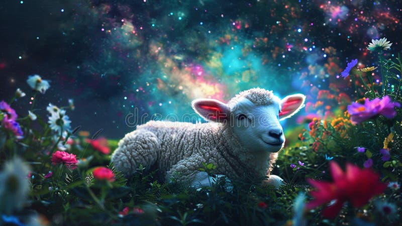 Cosmic Lamb in a Beautiful Magic Forest in a Dreamy Starry Cosmic ...