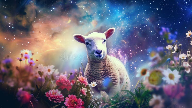 Cosmic Lamb in a Beautiful Magic Forest in a Dreamy Starry Cosmic ...