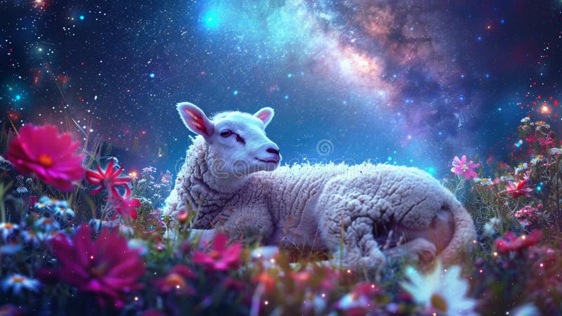 Cosmic Lamb in a Beautiful Magic Forest in a Dreamy Starry Cosmic ...