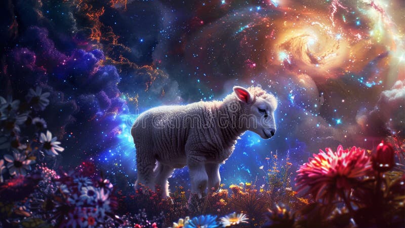 Cosmic Lamb in a Beautiful Magic Forest in a Dreamy Starry Cosmic ...